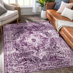 Washable Area Rug 5X7,Purple Bohemian Medallion Area Rug Vintage Living Room Rug Entrance Carpet Non-Slip Throw Rug for Bedroom Living Room Kitchen Laundry Room Entryway