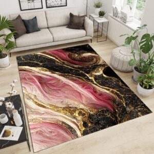 Pink Black Gold Marble Texture Area Rugs, Modern Abstract Dreamy Design Printed Carpet, for Room Sofa Living Room Mat Bedroom Home Decor Floor Mats,5 x 7ft