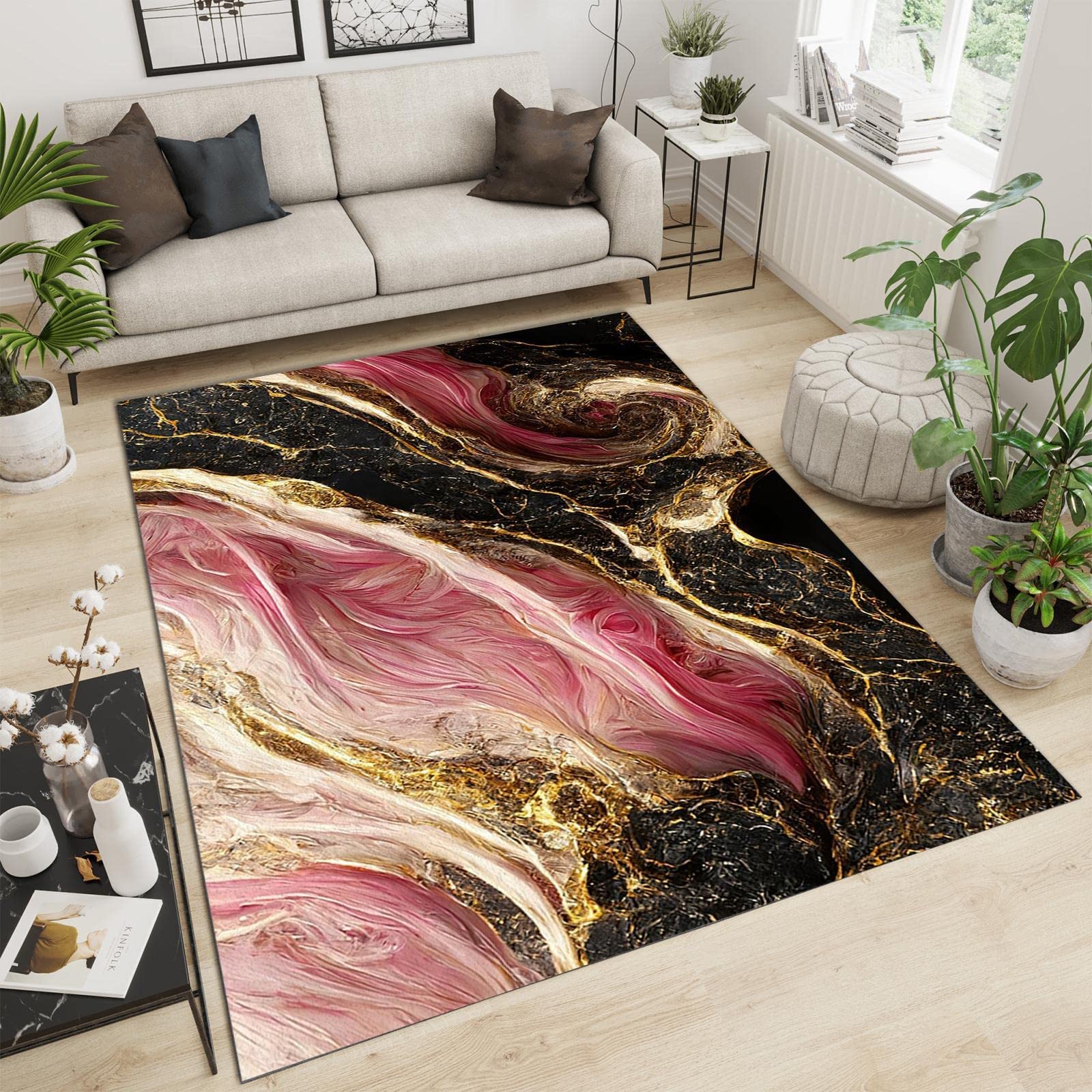 Pink Black Gold Marble Texture Area Rugs, Modern Abstract Dreamy Design Printed Carpet, for Room Sofa Living Room Mat Bedroom Home Decor Floor Mats,5 x 7ft