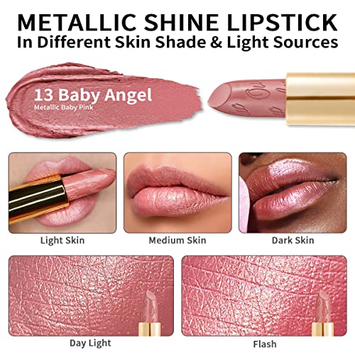 Oulac Light Pink Lipstick for Women with Metallic 3D Shine Lightweight Hydrating Formula, High Impact Lip Color, Vegan Beauty, Full Coverage Lip Makeup, Baby Angel(13)