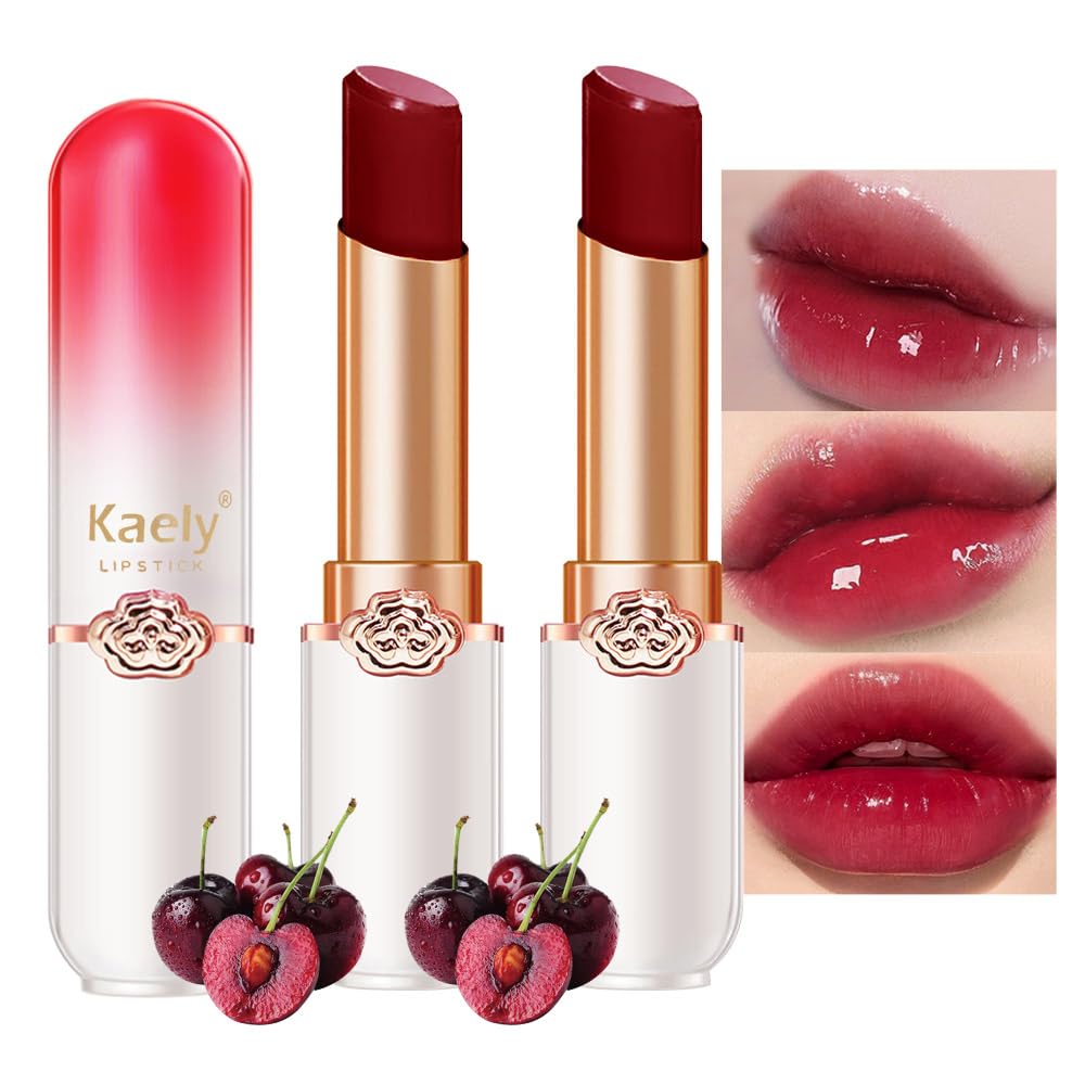 evpct 2Pcs Black Red Cherry Color Changing Magic Lipstick Tinted Lip Balm Gloss Stain Set PH Lazy Lipstick Waterproof Color Change Changing Jelly Lipstick labiales magicos mate 24 horas originales