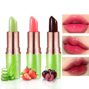 bingbrush color changing lipstick queen,ph mood long lasting lip gloss korean lip balm tinted magic makeup moisturize lipstick set (3pcs aloe+strawberry+cherry, 3 count (pack of 1))