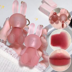 6 Colors Velvet Matte Liquid Lipstick set, Cute Rabbit Lip Glaze 2 in 1 Key Chain Lip Gloss Lip Stain, Waterproof Non-Stick Cup Long Lasting Lip Clay Cute Lip Makeup for Girls (A)