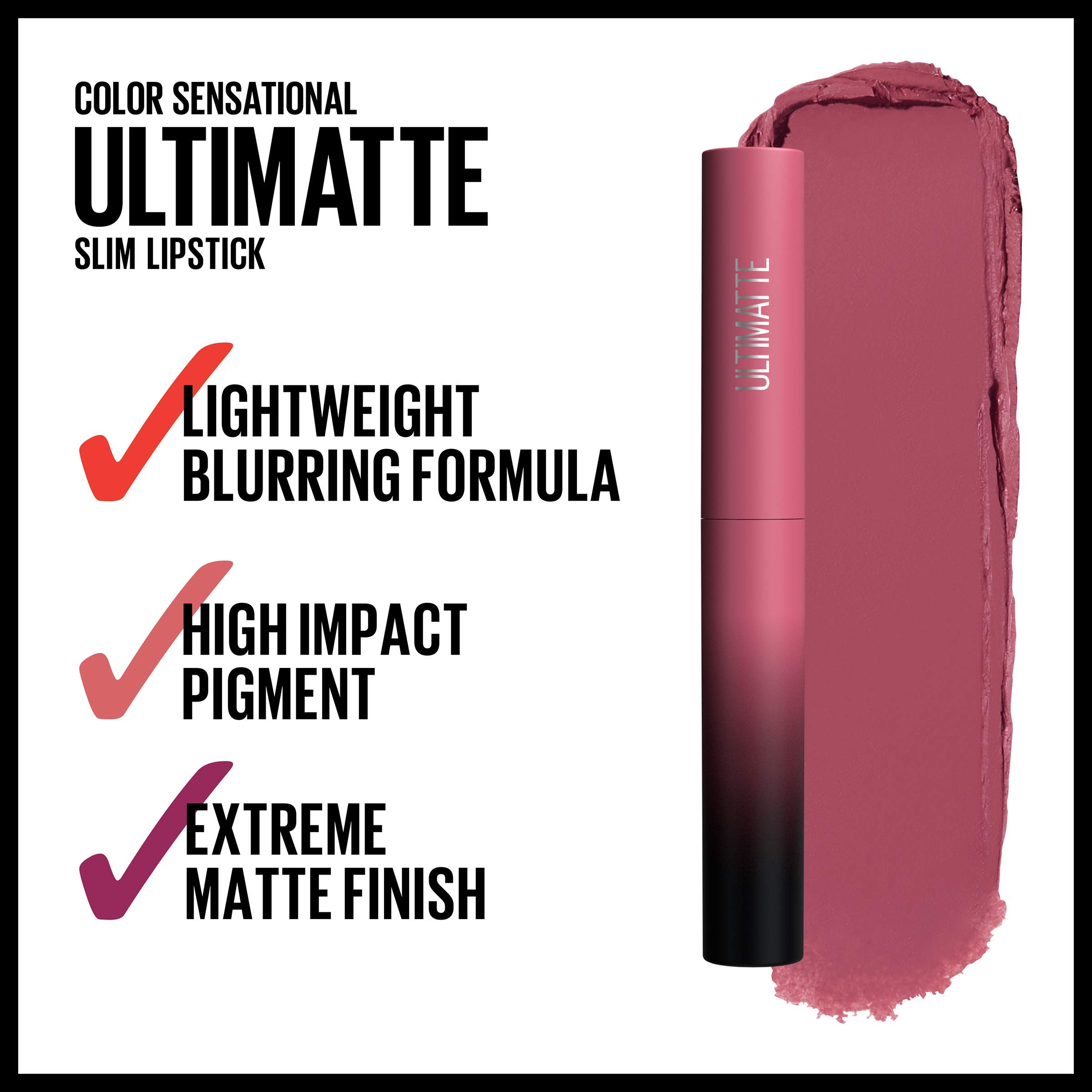 Maybelline Color Sensational Ultimatte Matte Lipstick, Non-Drying, Intense Color Pigment, More Mauve, Purple Mauve Pink, 1 Count