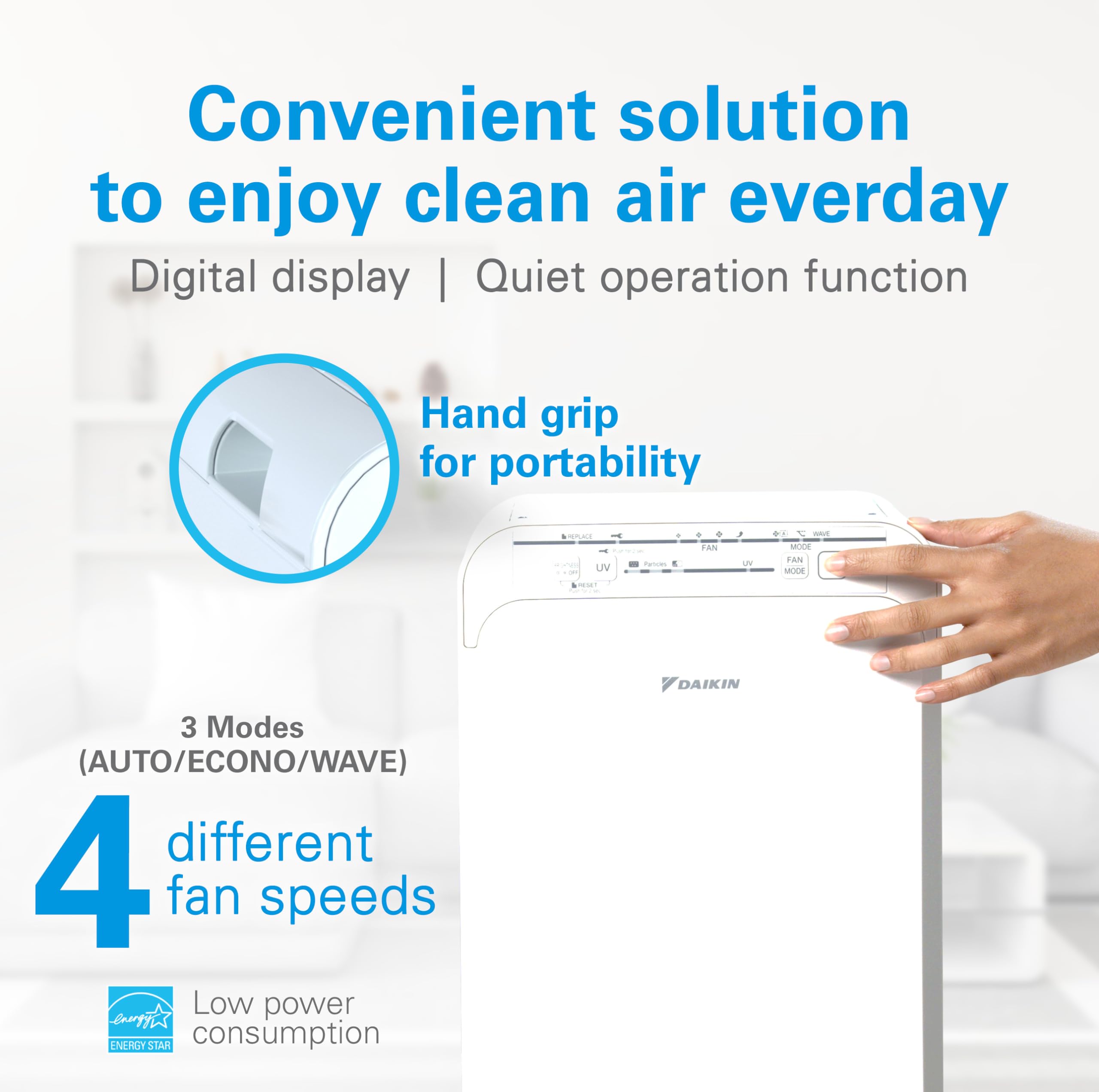 DAIKIN Room Air Purifier, HEPA Air Purifier, Air Purifier with HEPA Filter, Activated Carbon Filter, Pre-Filter and UVC LED Light, Zero Ozone Product, CARB Certified, 10.5 x 10.5 x 19.5 in (MCB50YSAU)