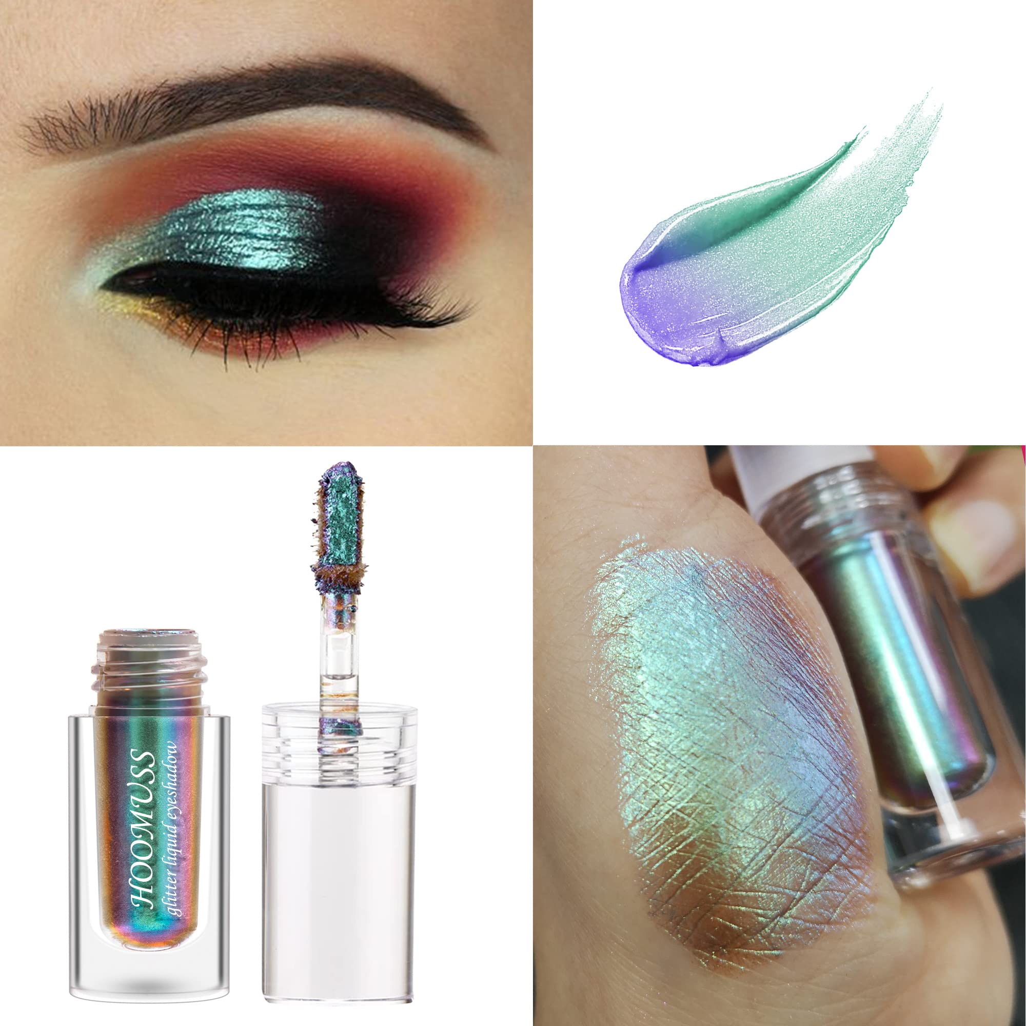 HOOMUSS Glitter Liquid Eyeshadow, 3Colors Chameleon Liquid Metallic Eyeshadows Holographic Glitter Multichrome Eye Makeup Set, Long Lasting Wearing, Highly Pigment, Quick-Drying (#1+6+7)