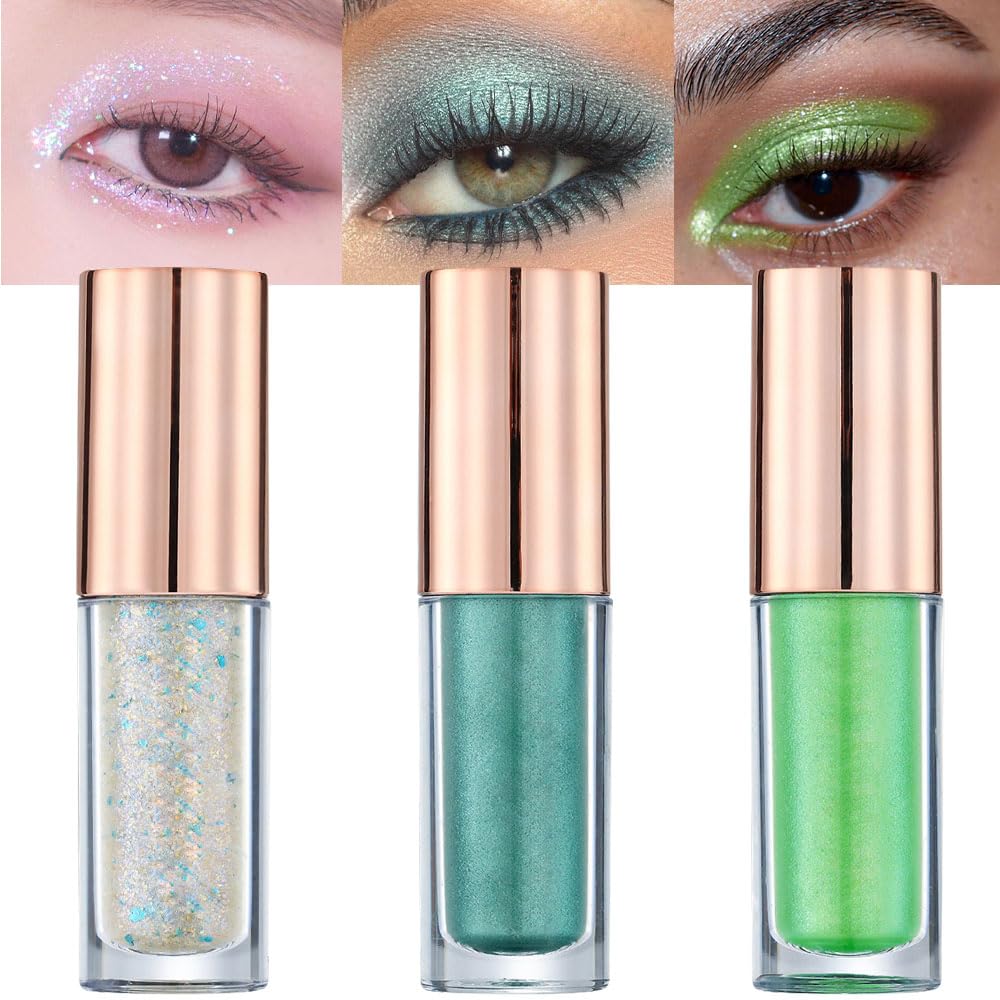 evpct 3Pcs Glitter Pearl White Light Cyan Emerald Dark Green Liquid Eyeshadow Set Sparkly Sparkle Metallic Shimmer Multicolor Eyeliner Liquid Eye shadow Makeup Set Kit Waterproof Long Lasting