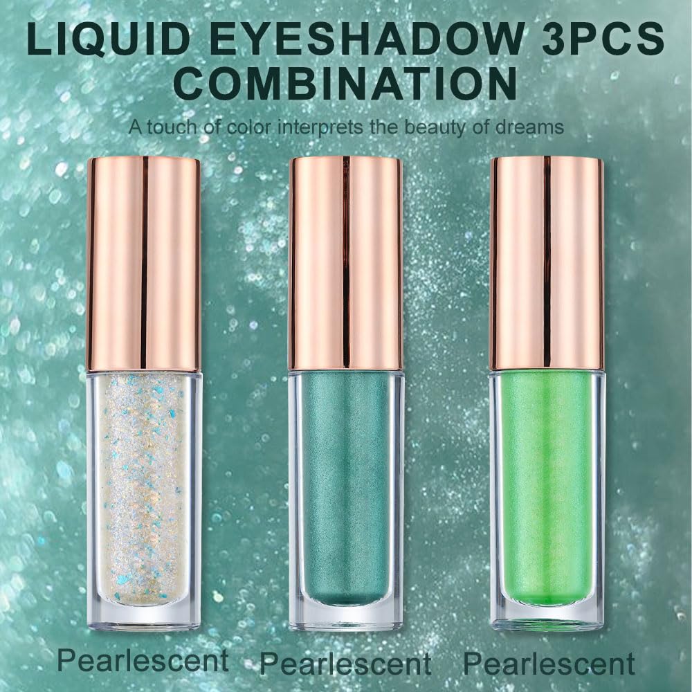 evpct 3Pcs Glitter Pearl White Light Cyan Emerald Dark Green Liquid Eyeshadow Set Sparkly Sparkle Metallic Shimmer Multicolor Eyeliner Liquid Eye shadow Makeup Set Kit Waterproof Long Lasting