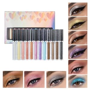 12 colors liquid glitter eyeshadow set, shimmer sparkling eyeshadow -waterproof long lasting quick-drying eyeshadow metallic pigment primer base makeup kits