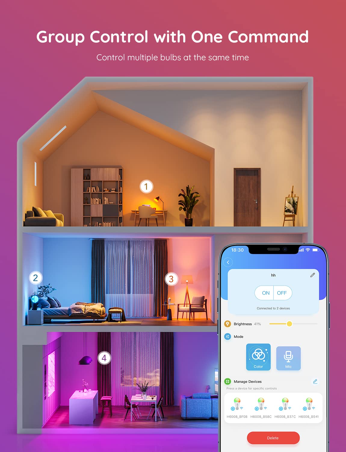 Govee Smart Light Bulbs, WiFi Bluetooth Color Changing Light Bulbs, Music Sync, 54 Dynamic Scenes, 16 Million DIY Colors RGB Light Bulbs, Work with Alexa, Google Assistant, 800 Lumen, 8 Pack