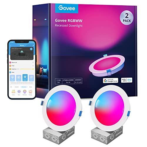 Govee Smart Recessed Lighting 6 Inch, Wi-Fi Bluetooth Direct Connect RGBWW LED Downlight, 65 Scene Mode, Work with Alexa & Google Assistant, LED Recessed Lighting with Junction Box, 1100 Lumen, 2 Pack