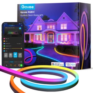 govee outdoor neon rope lights, 32.8ft rgbic ip67 waterproof patio decorations with 64 scene modes, music sync, flexible led outdoor lights, holiday lights work with alexa, google assistant