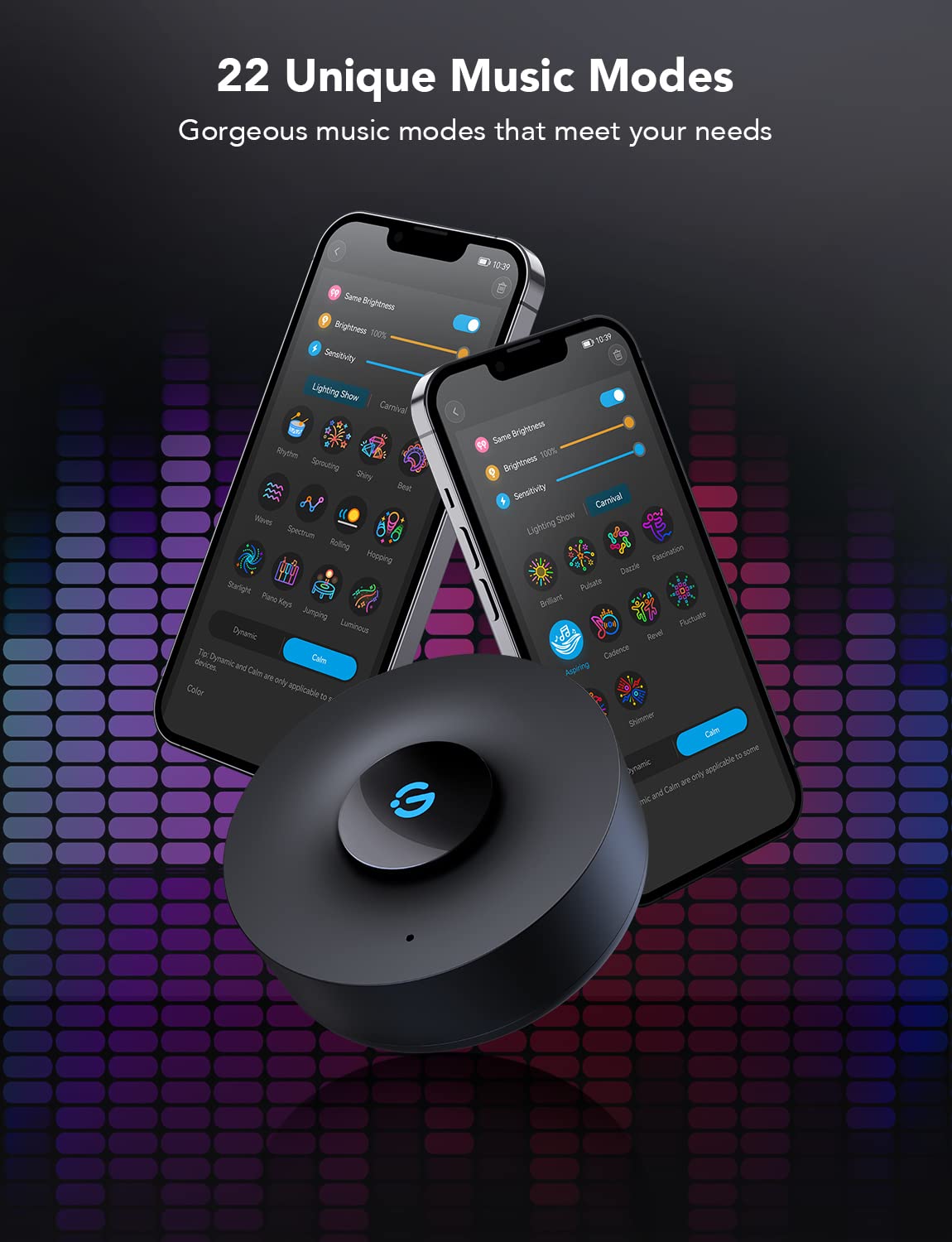 Govee Music Sync Box, Bluetooth Group Control 7 Devices, 22 Dynamic Music Modes, Battery Powered, USB Charged, Supports All Govee Smart Color Light Products