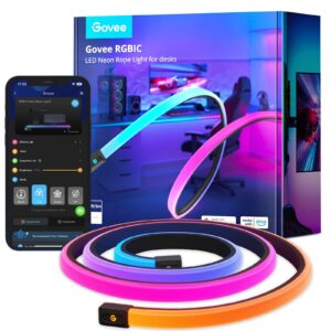 govee rgbic gaming lights, 10ft neon rope lights soft lighting for gaming desks, led strip lights syncing with razer chroma, support cutting, smart app control, music sync, adapter (only 2.4g wi-fi)