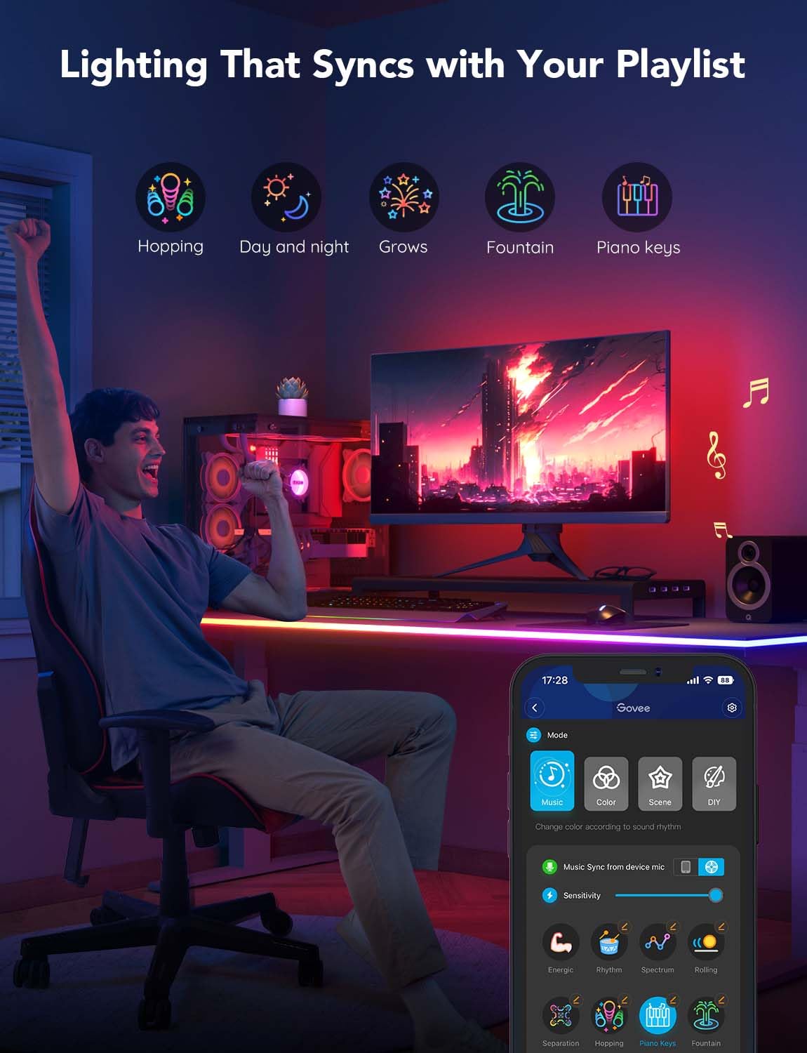 Govee RGBIC Gaming Lights, 10ft Neon Rope Lights Soft Lighting for Gaming Desks, LED Strip Lights Syncing with Razer Chroma, Support Cutting, Smart App Control, Music Sync, Adapter (Only 2.4G Wi-Fi)