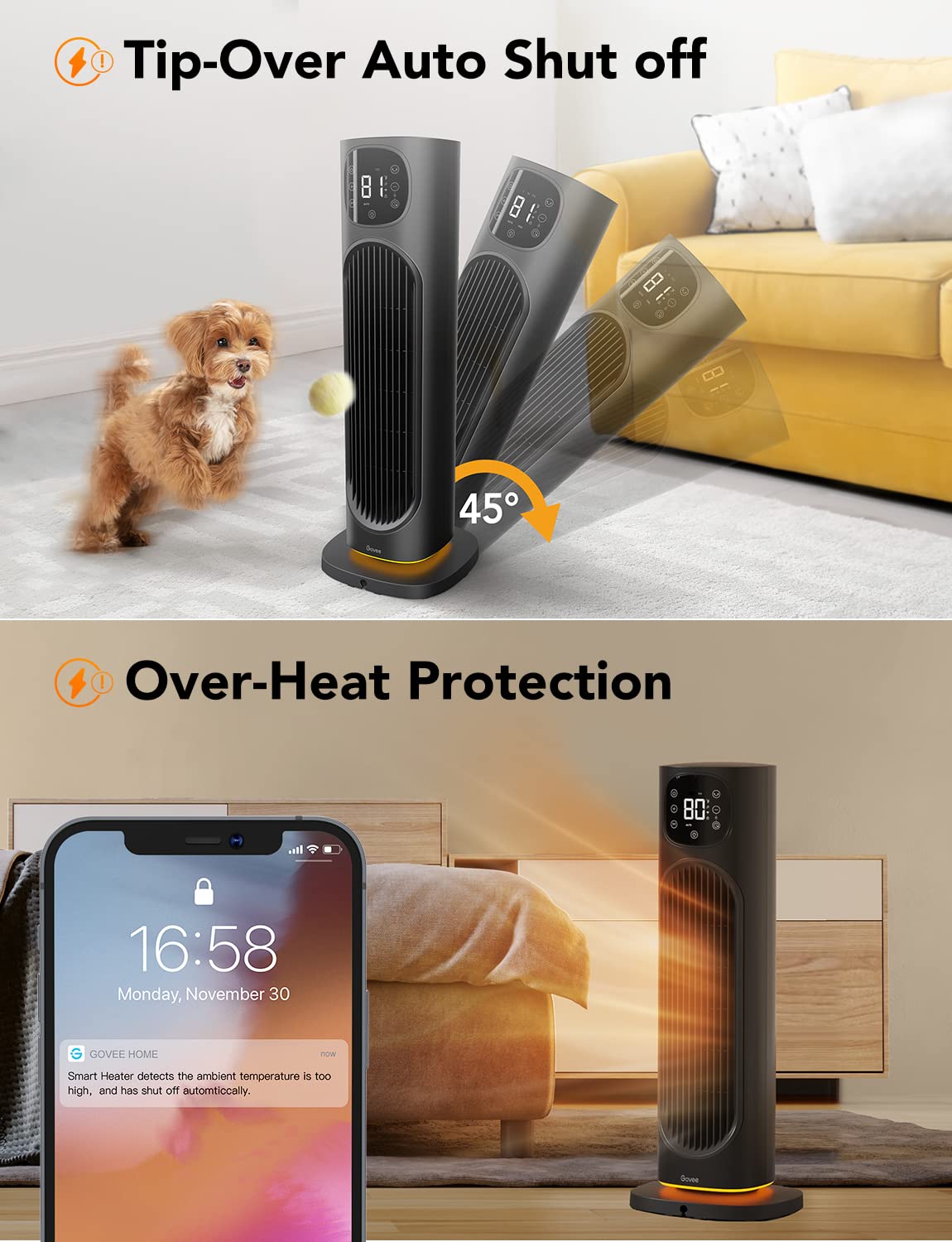 Govee Smart Space Heater for Indoor Use, 1500W Ceramic Tower Heater with Thermostat APP&Voice Control, Quiet Portable Electric Heater with RGB Night Light for Large Rooms, Bedroom, Office