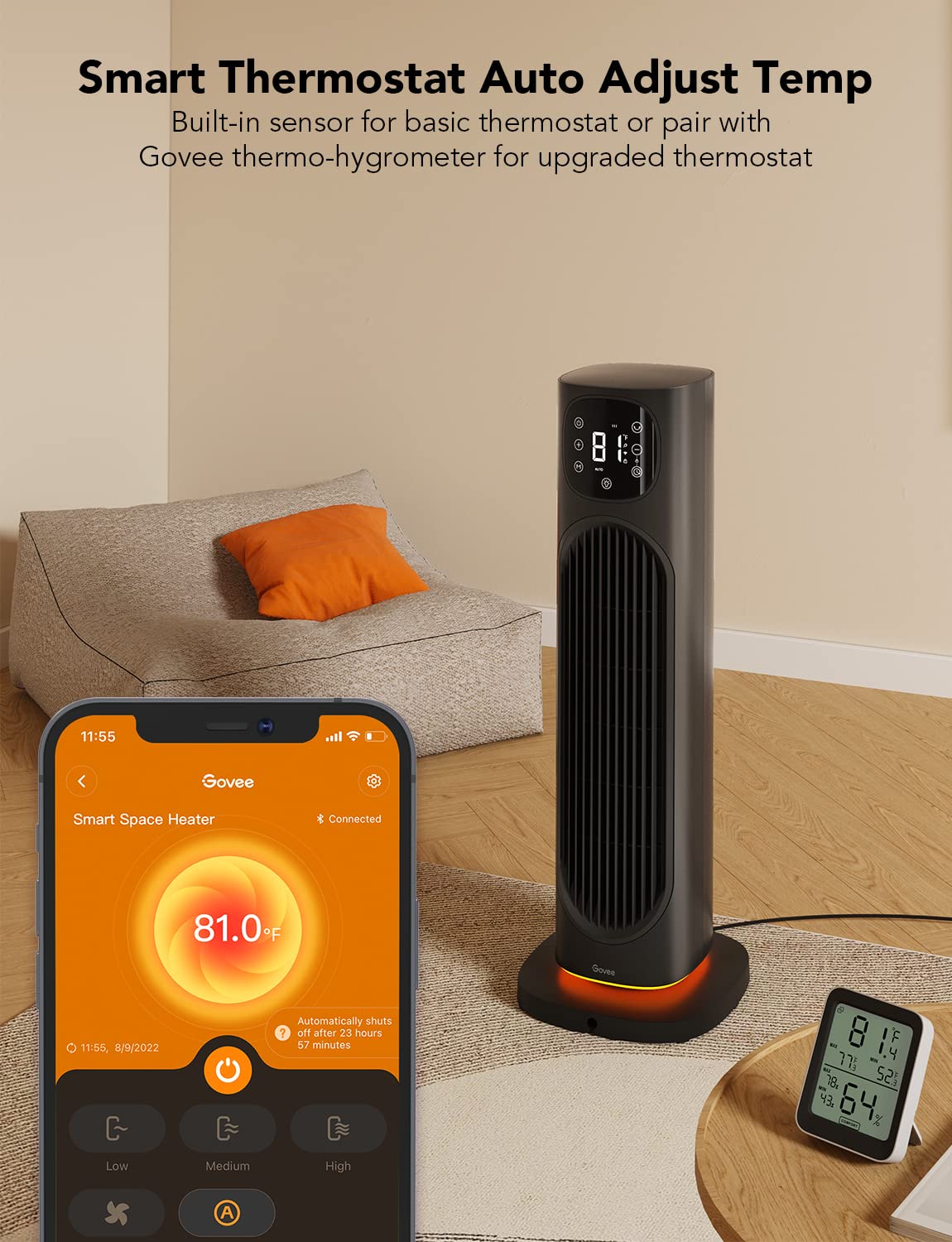 Govee Smart Space Heater for Indoor Use, 1500W Ceramic Tower Heater with Thermostat APP&Voice Control, Quiet Portable Electric Heater with RGB Night Light for Large Rooms, Bedroom, Office