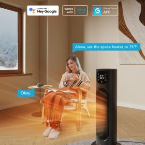 Govee Smart Space Heater for Indoor Use, 1500W Ceramic Tower Heater with Thermostat APP&Voice Control, Quiet Portable Electric Heater with RGB Night Light for Large Rooms, Bedroom, Office