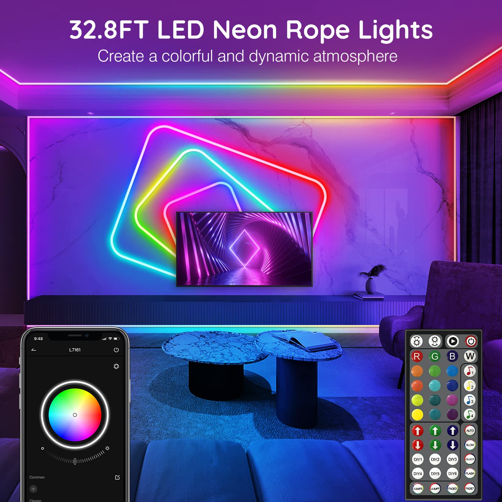 Led Neon Rope Lights 32.8Ft,Control with App/Remote,Flexible Led Rope Lights,Multiple Modes,IP65 Outdoor RGB Neon Lights Waterproof,Music Sync Gaming Led Neon Strip Lights for Bedroom Indoor Led Light