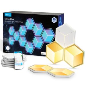 govee glide hexagon light panels ultra, 3d wall lights with diy, rgbic led gaming lights for wall, led lights for gaming setup with 129 lamp beads, works with alexa, 10 pack, lunar white