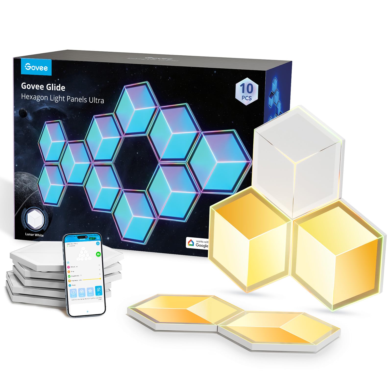 Govee Glide Hexagon Light Panels Ultra, 3D Wall Lights with DIY, RGBIC LED Gaming Lights for Wall, LED Lights for Gaming Setup with 129 Lamp Beads, Works with Alexa, 10 Pack, Lunar White