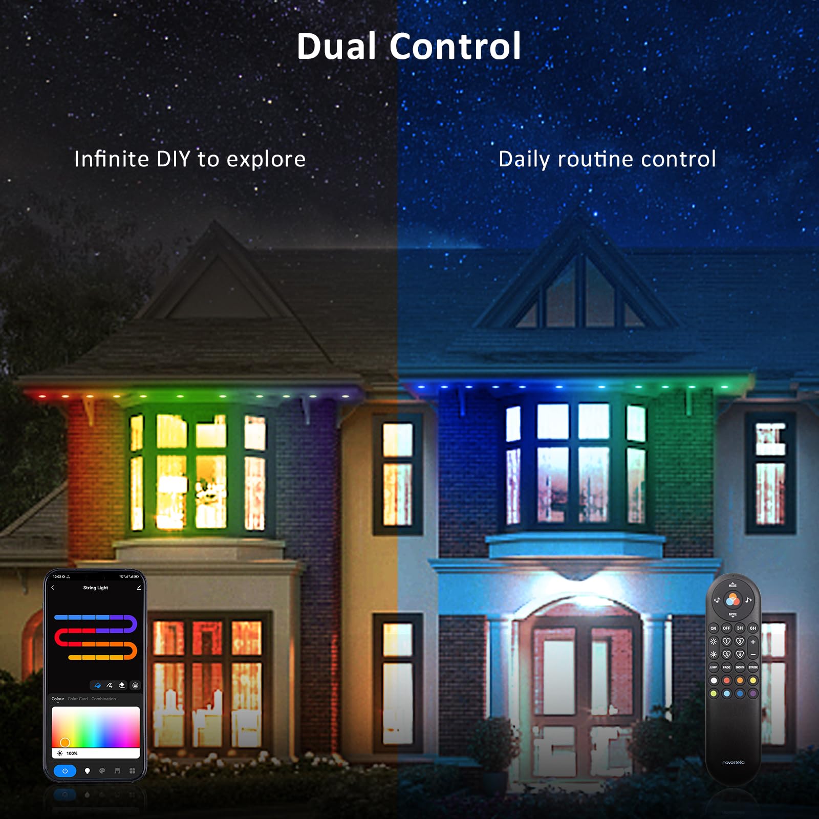 NOVOSTELLA Permanent Outdoor Lights, Smart RainbowColor RGB IC Light, 100ft (50x2) with 80 LED Eaves Lights IP65 Waterproof for Holidays, Christmas, Daily Lighting, WiFi APP Voice Control