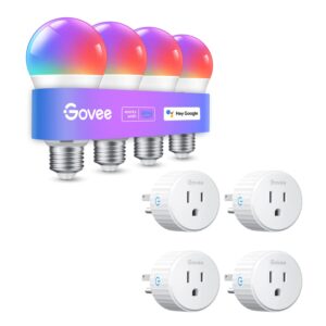 govee smart light bulbs, wifi bluetooth color changing light bulbs bundle with smart plug, wifi plugs work with alexa & google assistant, smart outlet with timer & group controller 4 pack