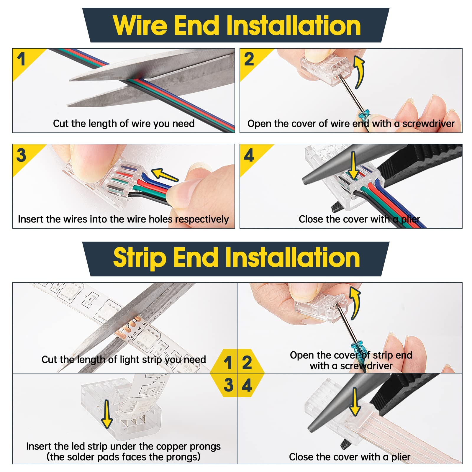 GXILEE 4 pin LED Connectors,10 Pack Solderless Track Lighting Connectors, Transparent 4 Pin LED Lights Connector for 10mm Wide 2835 5050 RGB Strip, includes 16.4ft 22 Gauge LED Extension Cable