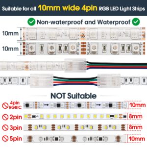 GXILEE 4 pin LED Connectors,10 Pack Solderless Track Lighting Connectors, Transparent 4 Pin LED Lights Connector for 10mm Wide 2835 5050 RGB Strip, includes 16.4ft 22 Gauge LED Extension Cable