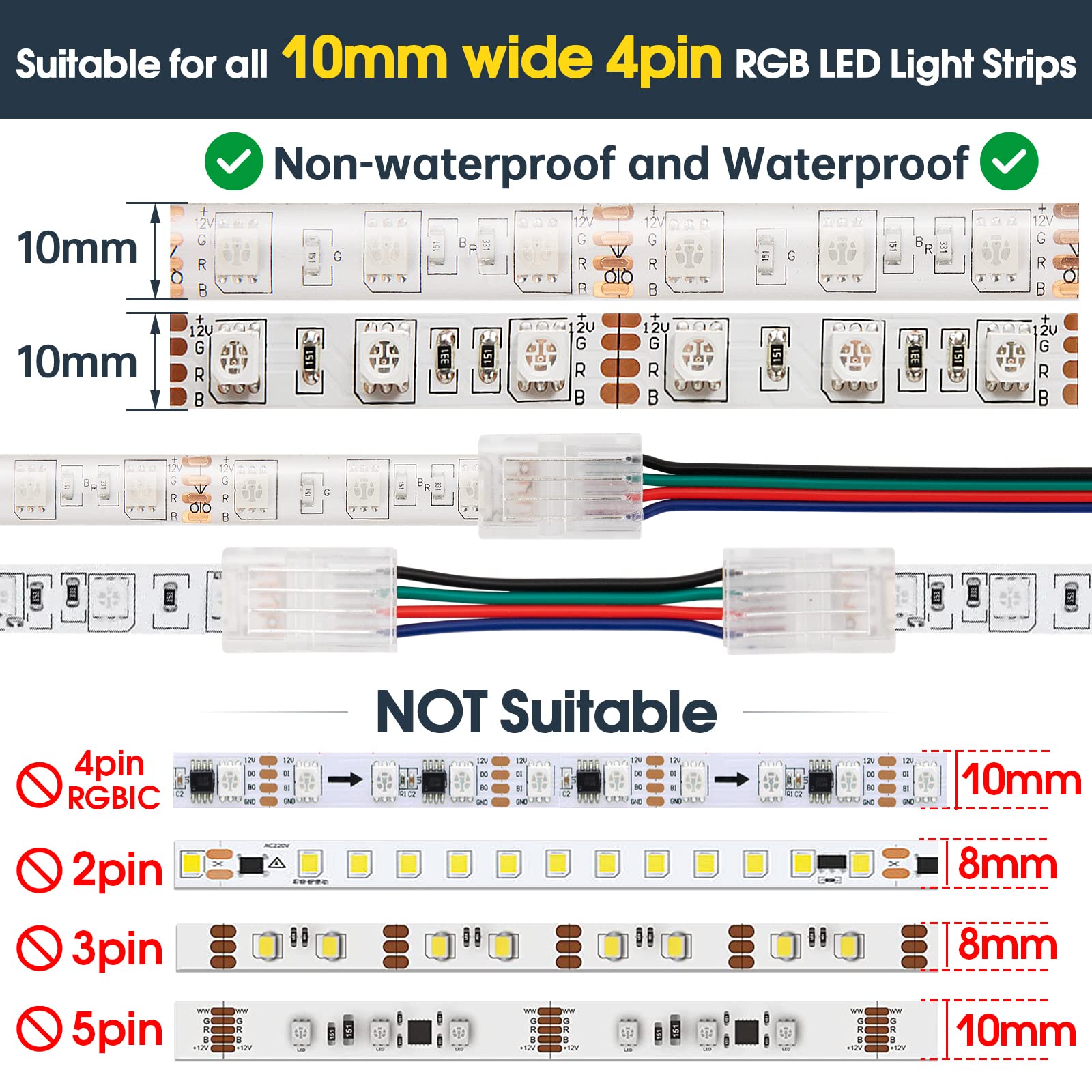 GXILEE 4 pin LED Connectors,10 Pack Solderless Track Lighting Connectors, Transparent 4 Pin LED Lights Connector for 10mm Wide 2835 5050 RGB Strip, includes 16.4ft 22 Gauge LED Extension Cable