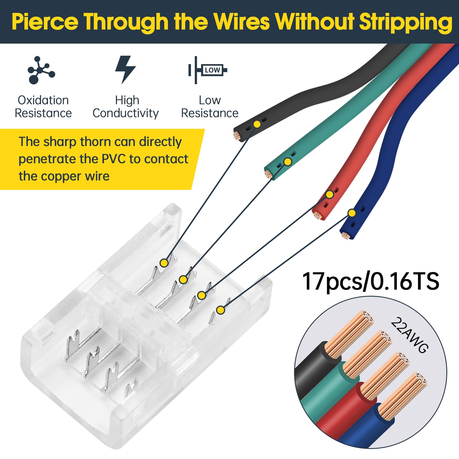 GXILEE 4 pin LED Connectors,10 Pack Solderless Track Lighting Connectors, Transparent 4 Pin LED Lights Connector for 10mm Wide 2835 5050 RGB Strip, includes 16.4ft 22 Gauge LED Extension Cable