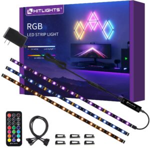 hitlights led strip lights 3 pcs 1.64ft rgb small led light strips kit dimmable rgb 5050 color changing tape lights tv backlight display case lights shelves lighting with rf remote & ul-listed adapter