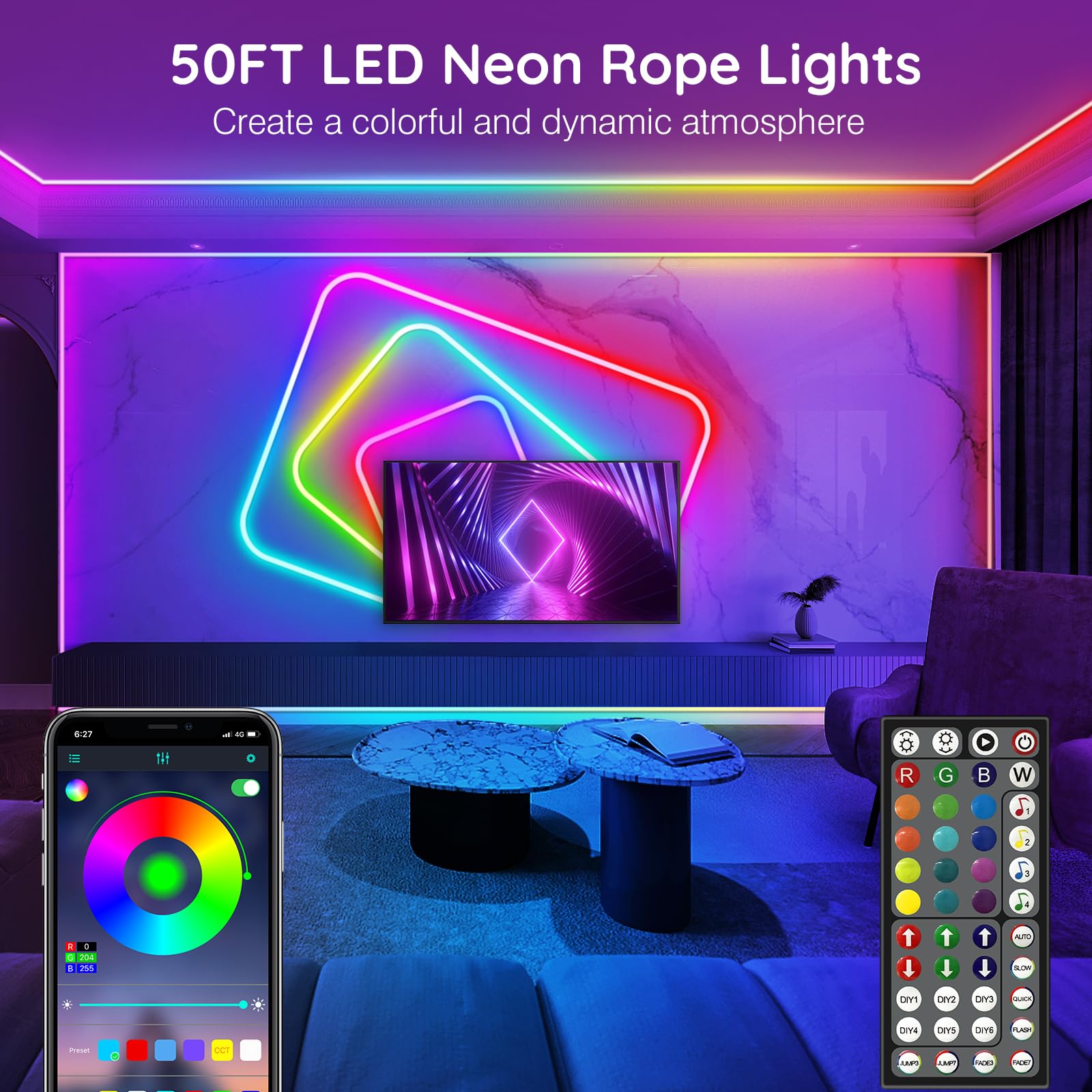 AILBTON Led Neon Rope Lights 50Ft,Control with App/Remote,Flexible Led Rope Lights,Multiple Modes,IP65 Outdoor RGB Neon Lights Waterproof,Music Sync Gaming Led Neon Strip Lights for Bedroom Indoor