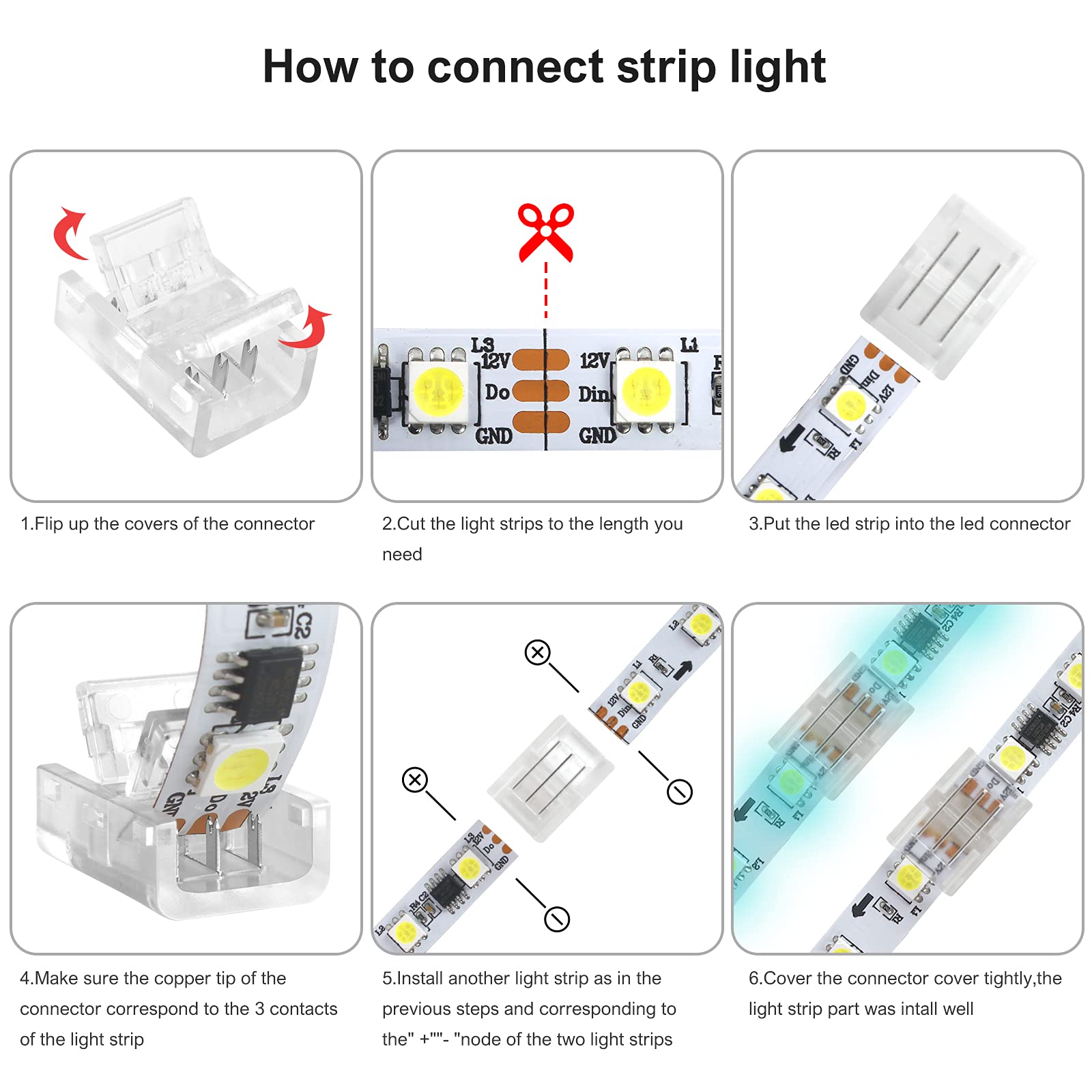 RGBZONE 10Pcs LED Strip Connectors 3 Pin Gapless Solderless Quick Connector for 10mm Waterproof and Non-Waterproof WS2811 WS2812B LED Strip Lights