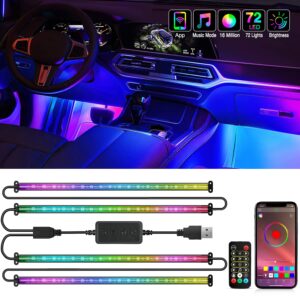 nilight rgbic 72 led usb interior strip lights dc 12v with app rf remote control multicolor under car dash lighting 2 lines design music sync mode for cars truck atv utv, 2 years warranty