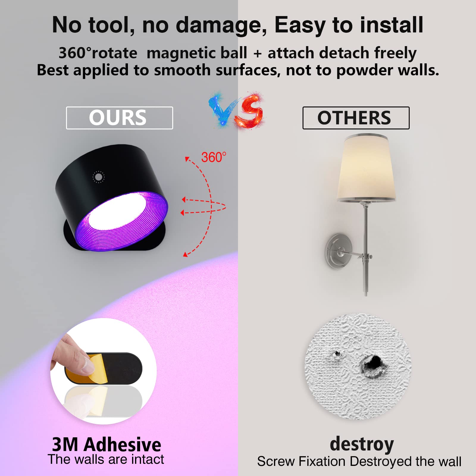 Smart Wall Sconces, Koopala LED Mounted Lamps with 3 Lighting&RGB&Ambiance Mode, APP&Touch Control, Stepless Dimming, 360°Rotate, Cordless Light Rechargeable Battery for Reading Bedside