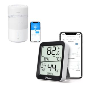 govee smart humidifier h7141 bundle with govee bluetooth digital hygrometer indoor thermometer, room humidity and temperature sensor gauge with remote app monitoring, large lcd display