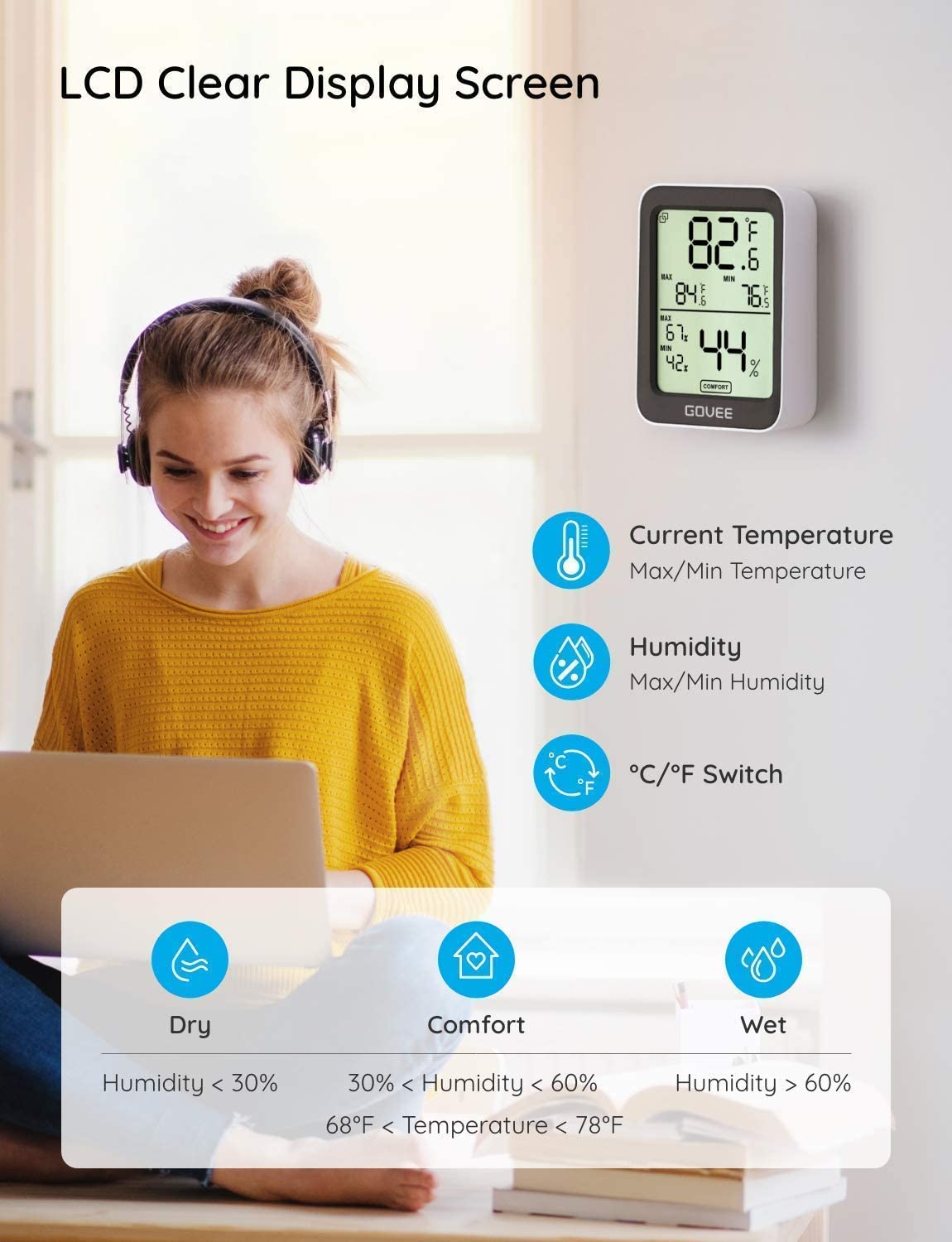 Govee Smart Humidifier H7141 Bundle with Govee Bluetooth Digital Hygrometer Indoor Thermometer, Room Humidity and Temperature Sensor Gauge with Remote App Monitoring, Large LCD Display