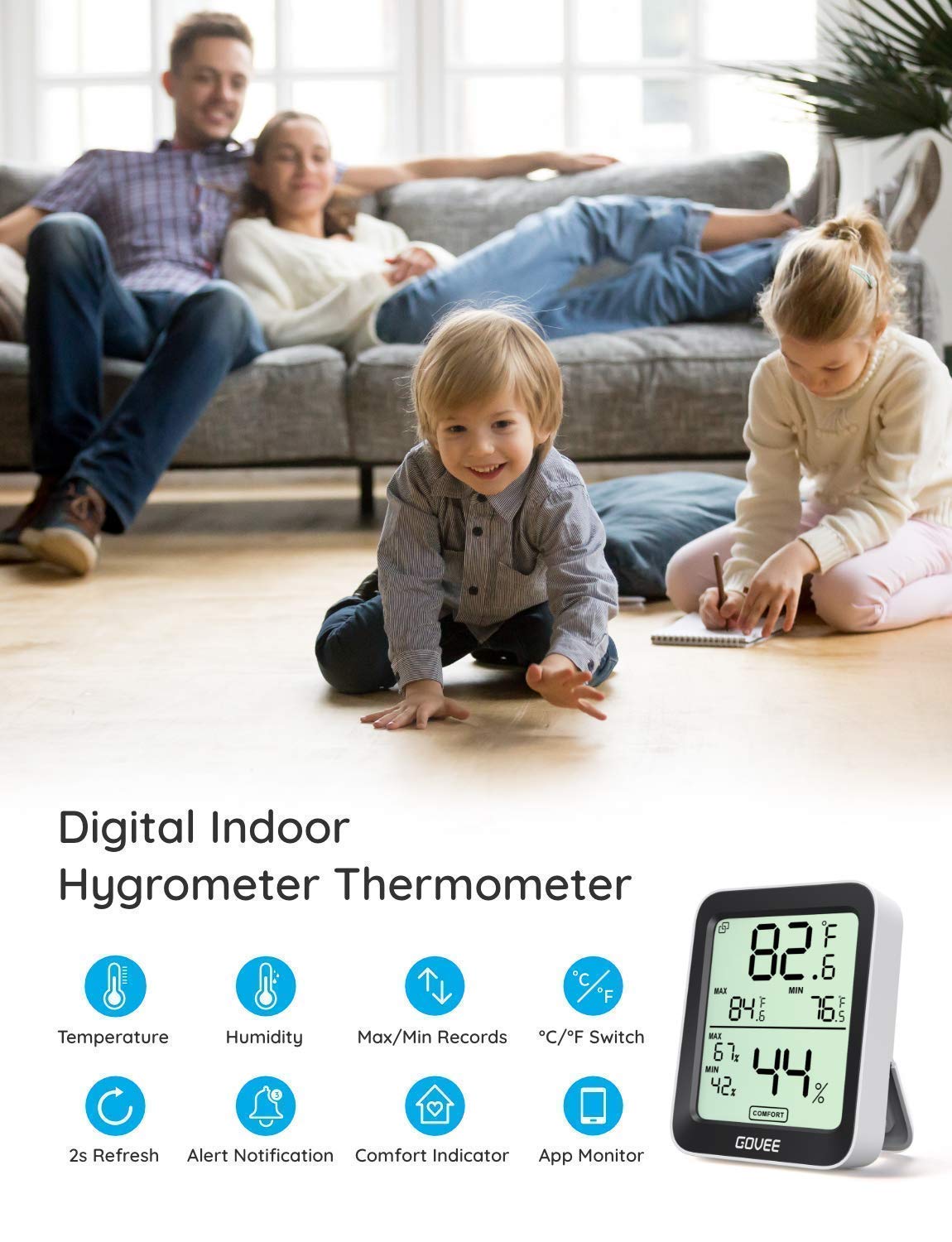 Govee Smart Humidifier H7141 Bundle with Govee Bluetooth Digital Hygrometer Indoor Thermometer, Room Humidity and Temperature Sensor Gauge with Remote App Monitoring, Large LCD Display