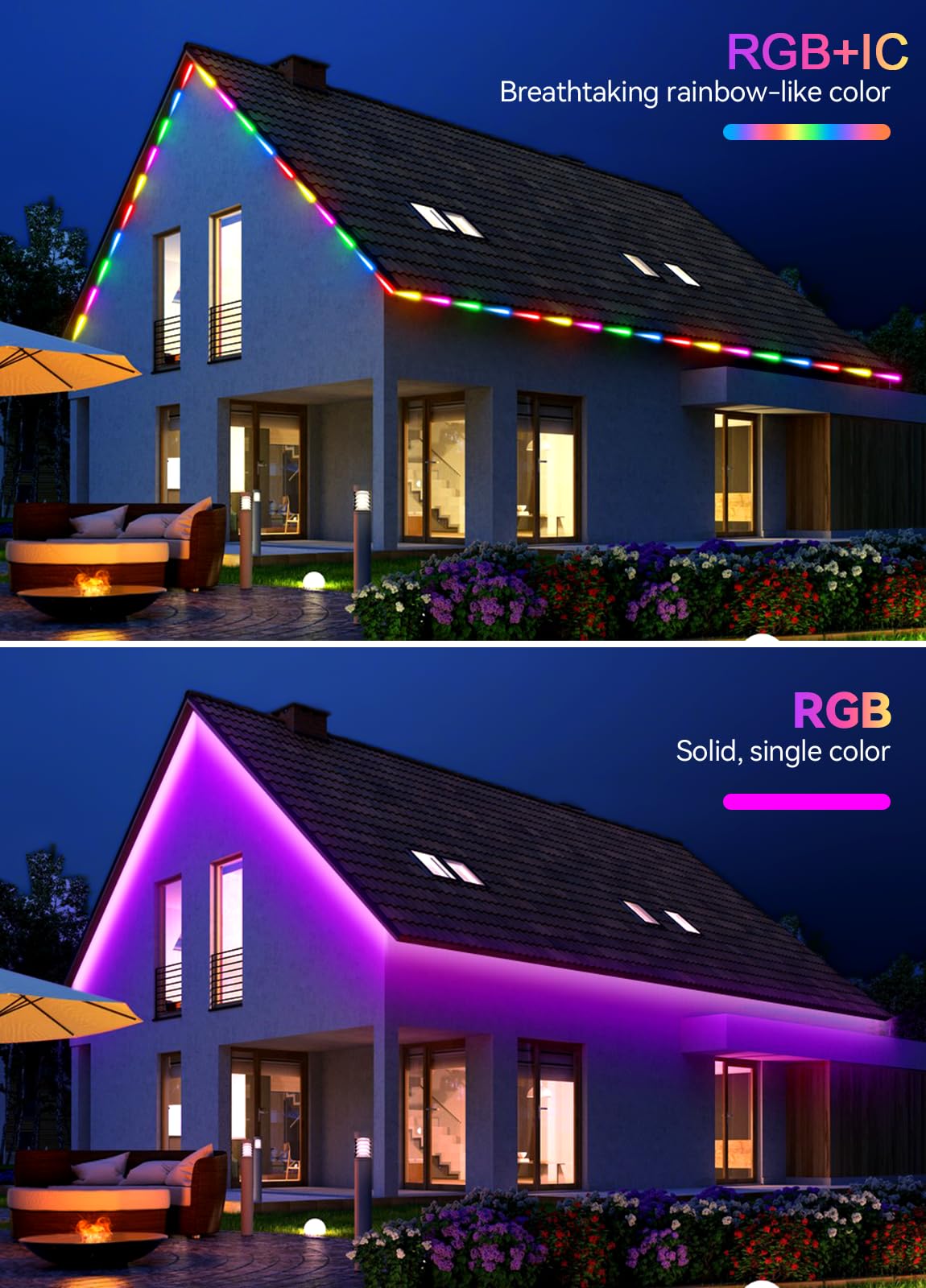 Skzlibry 91FT IP67 RGB+IC Outdoor Led Strip Lights Waterproof Led Light Strips with RF Remote &Bluetooth Music Sync App Control,Color Changing (RGB+IC, 560LED)