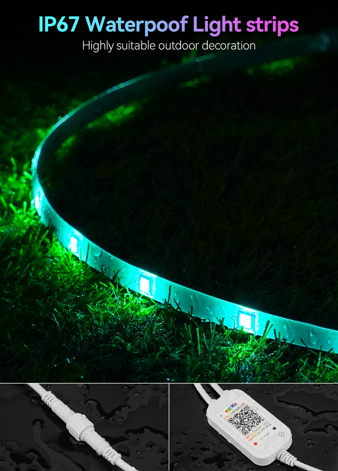 Skzlibry 91FT IP67 RGB+IC Outdoor Led Strip Lights Waterproof Led Light Strips with RF Remote &Bluetooth Music Sync App Control,Color Changing (RGB+IC, 560LED)