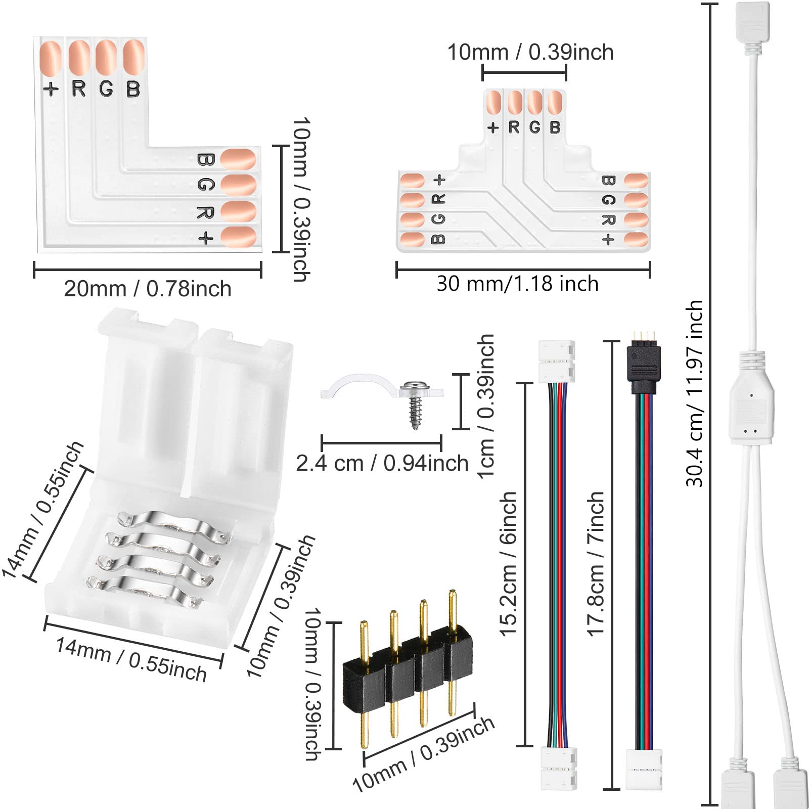 5050 4 Pin RGB 10mm LED Strip Connector Kit RGB Extension Cable, LED Strip Jumper, 2 Way RGB Splitter Cable, L Connectors, T Connector, Gapless Connectors, 4 Pin Male Connector, LED Strip Clips