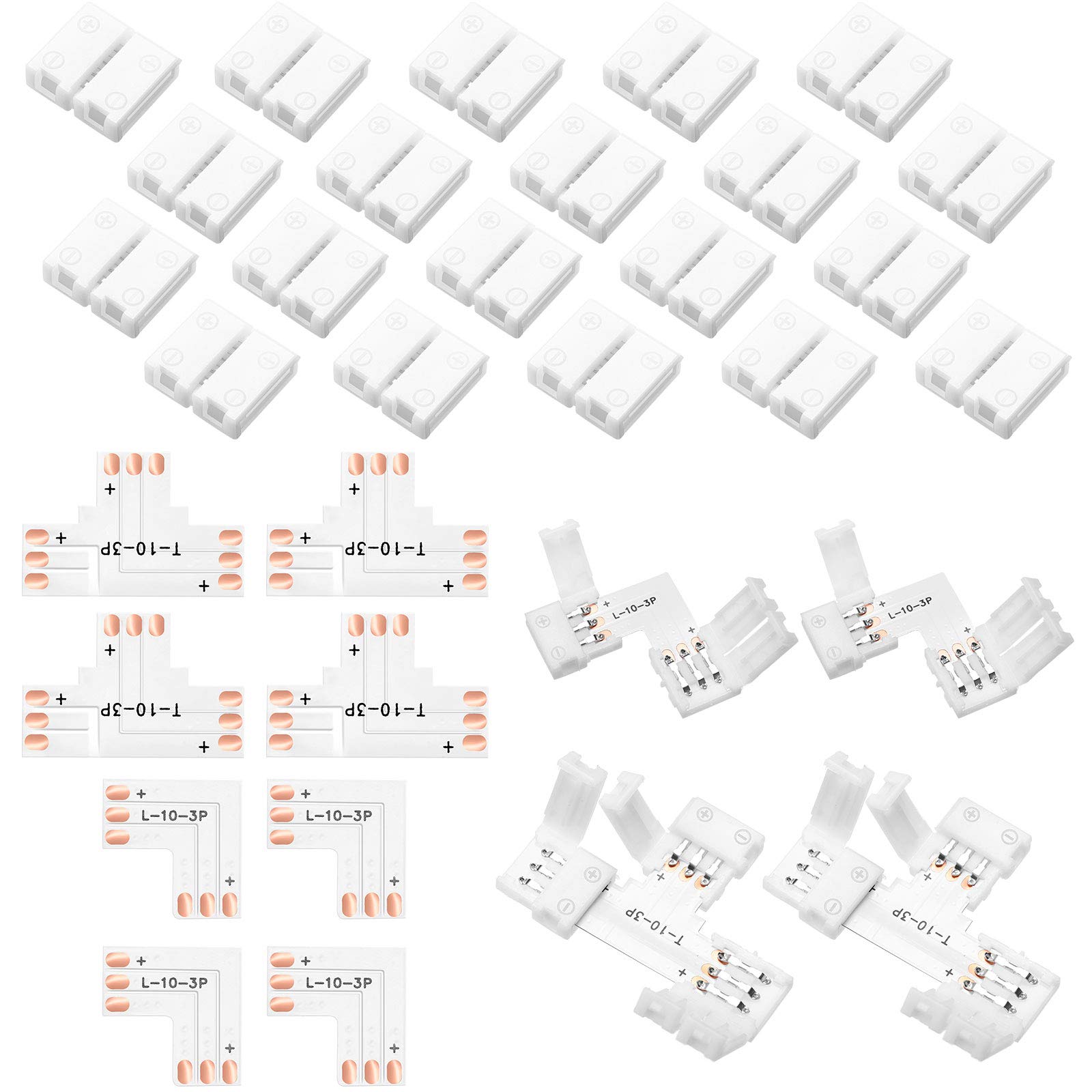 28 Pieces 3 Pin LED Connector LED Strip Connector 10 mm Solderless LED Light Connector L Shape LED Lights Extension T Shape Solderless LED Adapter Connectors for WS2811 WS2812B SK6812 LED Strip