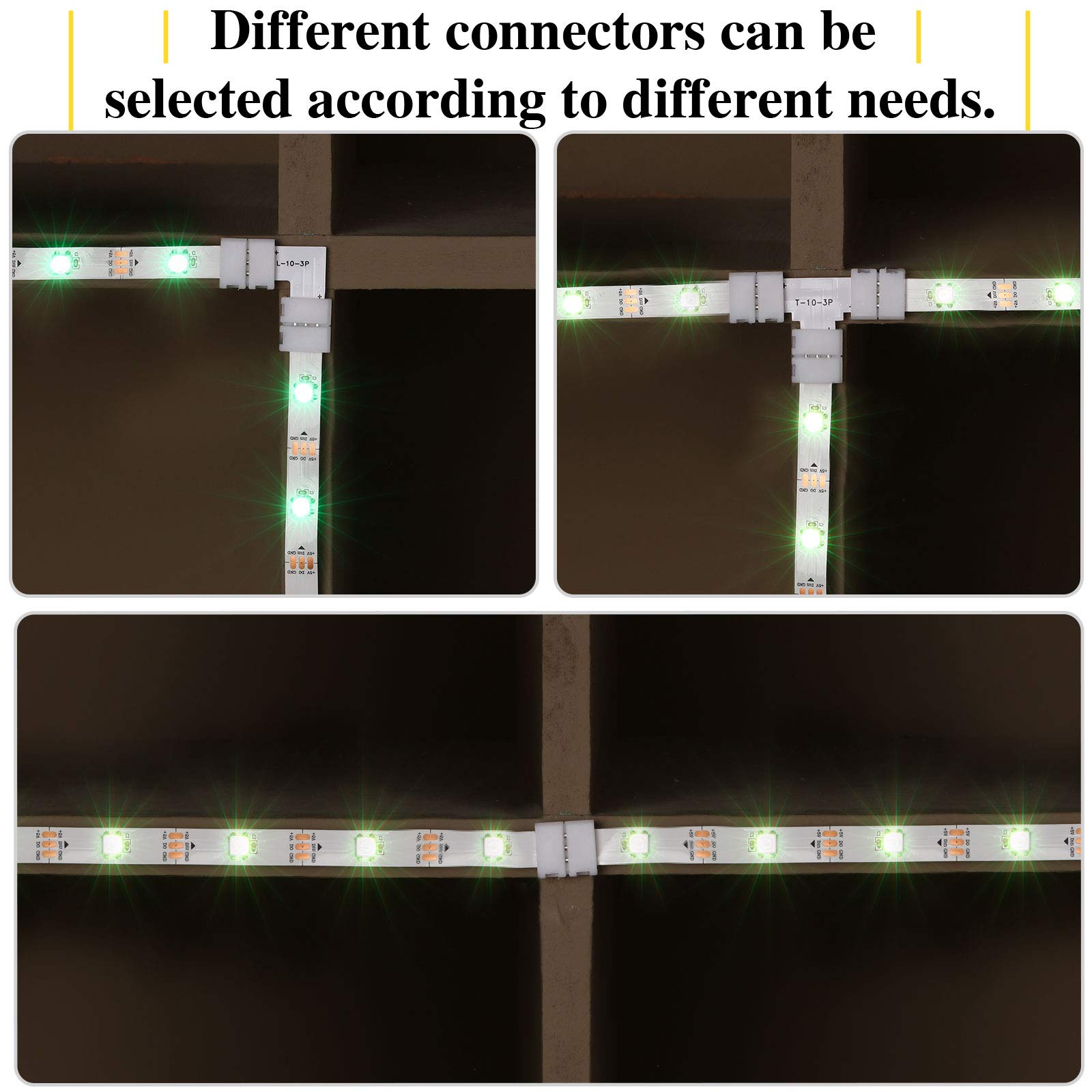 28 Pieces 3 Pin LED Connector LED Strip Connector 10 mm Solderless LED Light Connector L Shape LED Lights Extension T Shape Solderless LED Adapter Connectors for WS2811 WS2812B SK6812 LED Strip