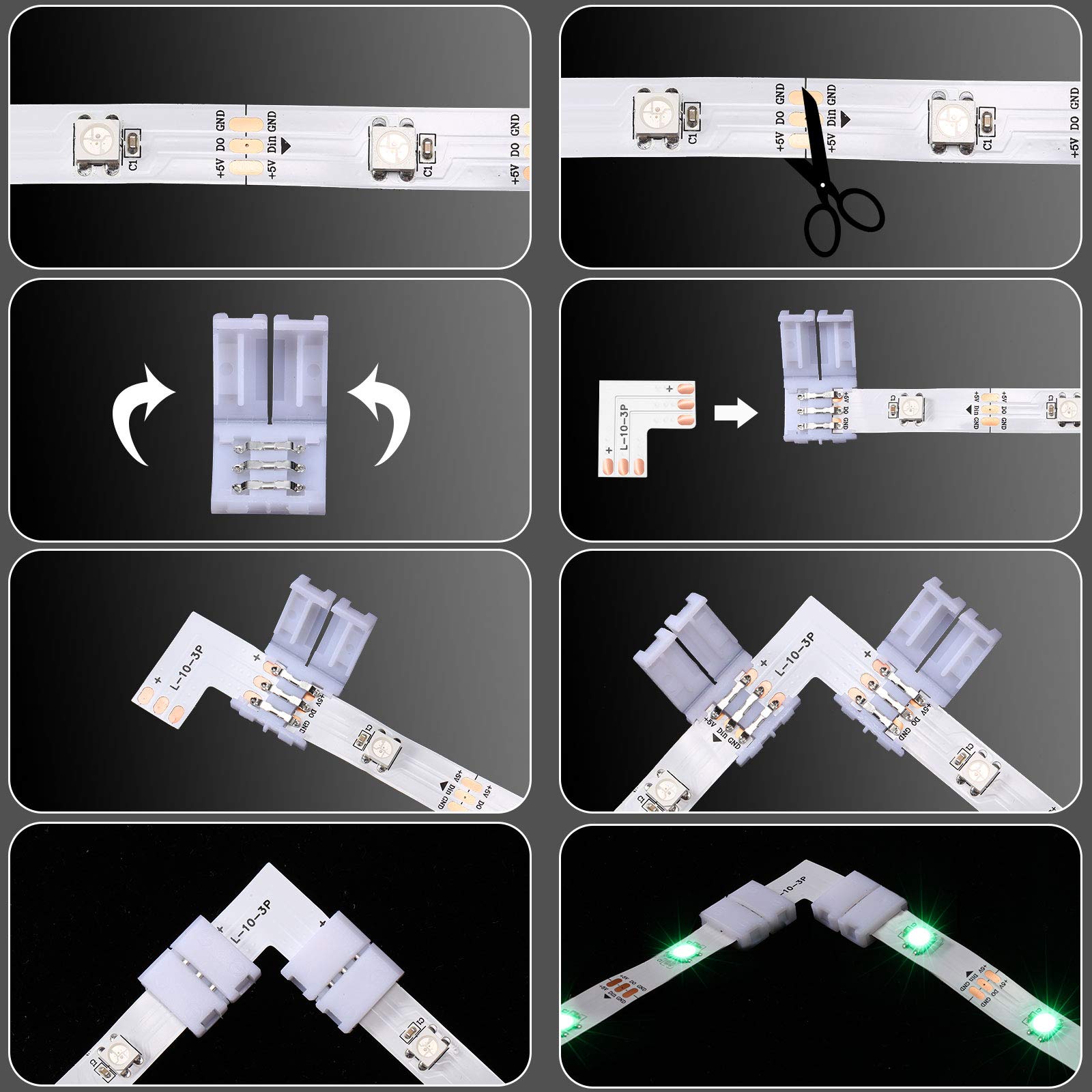 28 Pieces 3 Pin LED Connector LED Strip Connector 10 mm Solderless LED Light Connector L Shape LED Lights Extension T Shape Solderless LED Adapter Connectors for WS2811 WS2812B SK6812 LED Strip