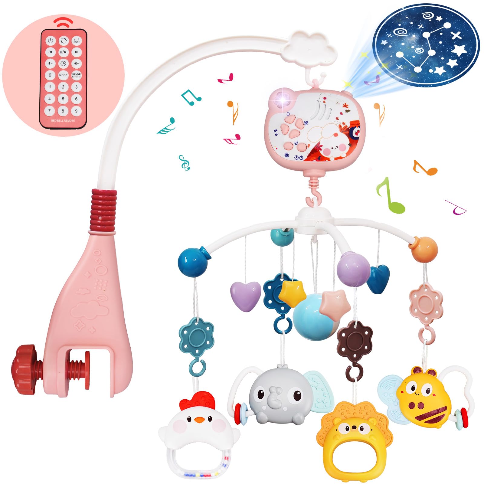 HCFJEH Baby Crib Mobile with Music and Lights,Crib Bumpers Toys with Remote Control, Rotation, Moon and Star Projection,Baby Mobile Toy for 0 1 2 3 Boys Girls Gift (Pink)