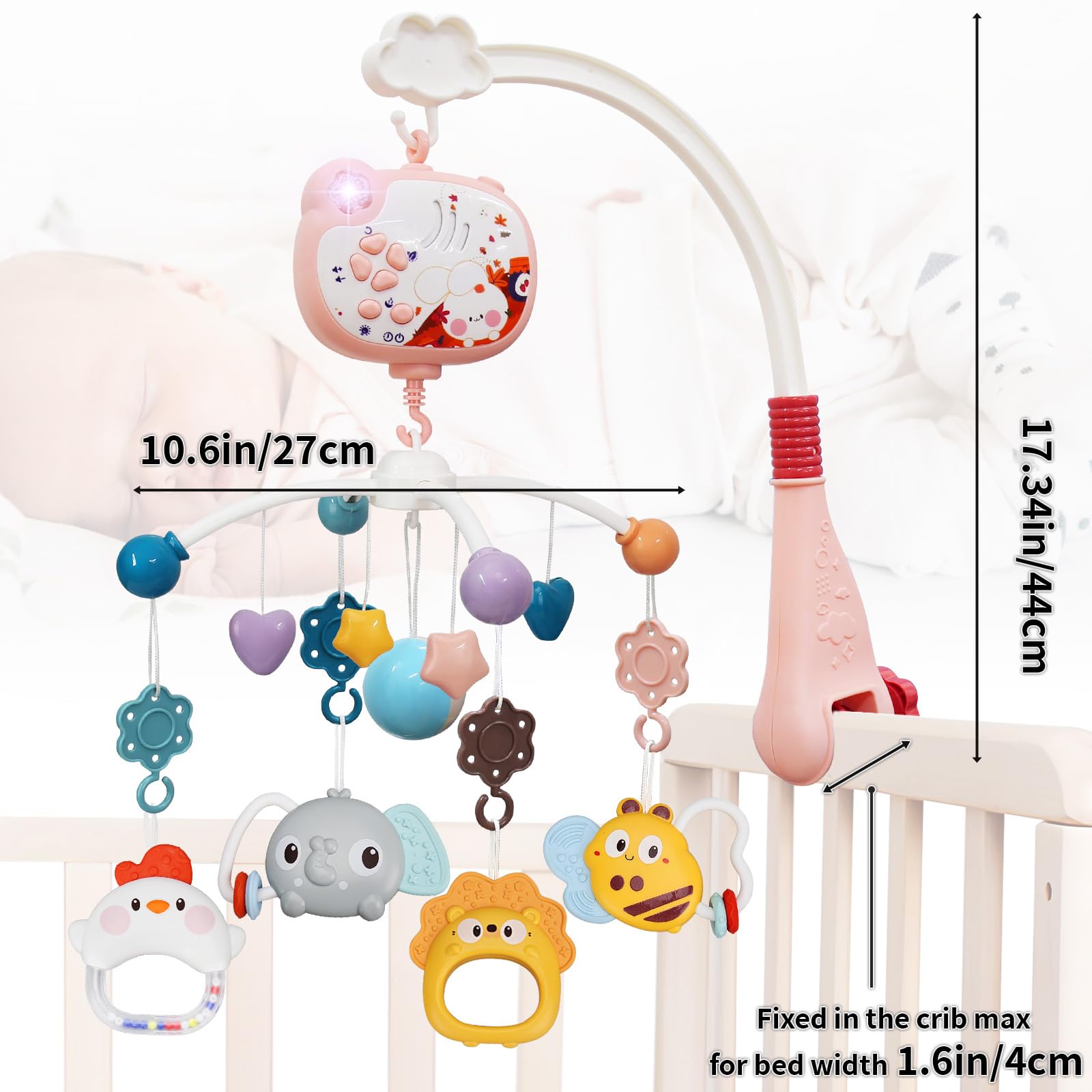 HCFJEH Baby Crib Mobile with Music and Lights,Crib Bumpers Toys with Remote Control, Rotation, Moon and Star Projection,Baby Mobile Toy for 0 1 2 3 Boys Girls Gift (Pink)