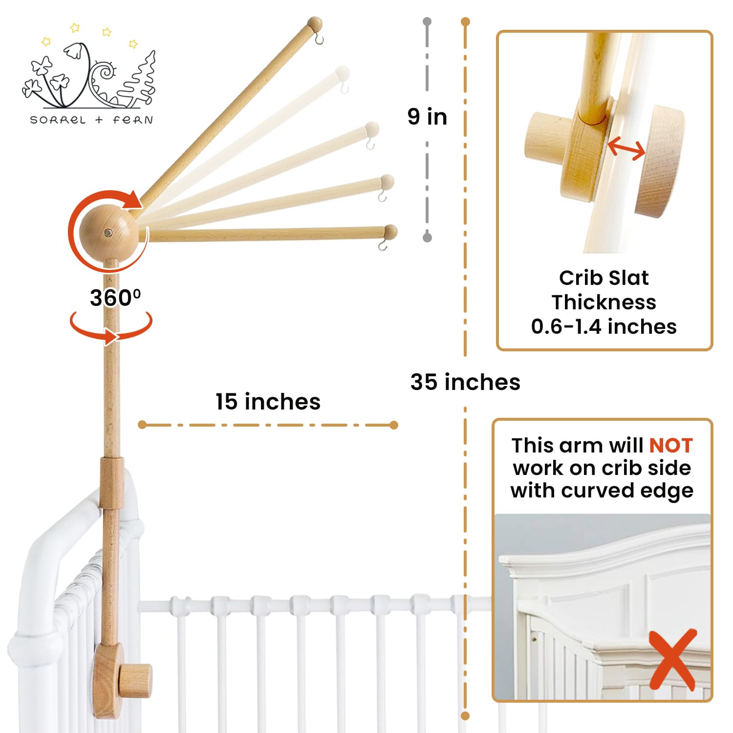 Sorrel + Fern Wooden Baby Crib Mobile Arm, 3D 360° Adjustable - Baby Mobile Holder Arm (31 inch, 100% Natural Beech Wood) - Strong Anti Slip Attachment - Nursery Décor