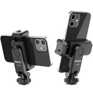 ulanzi phone tripod mount st-06s, new universal smartphone mount adapter with 2 cold shoe, 360° rotates adjustable cell phone clip clamp holder, compatible with iphone, samsung galaxy and all phones