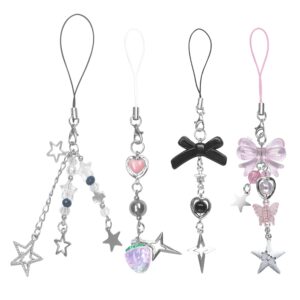 cioatu 4pcs cute phone charms aesthetic y2k cell phone charms strap pink strawberry butterfly star phone charm y2k accessories for phone bag keychain airpods camera pendants decor